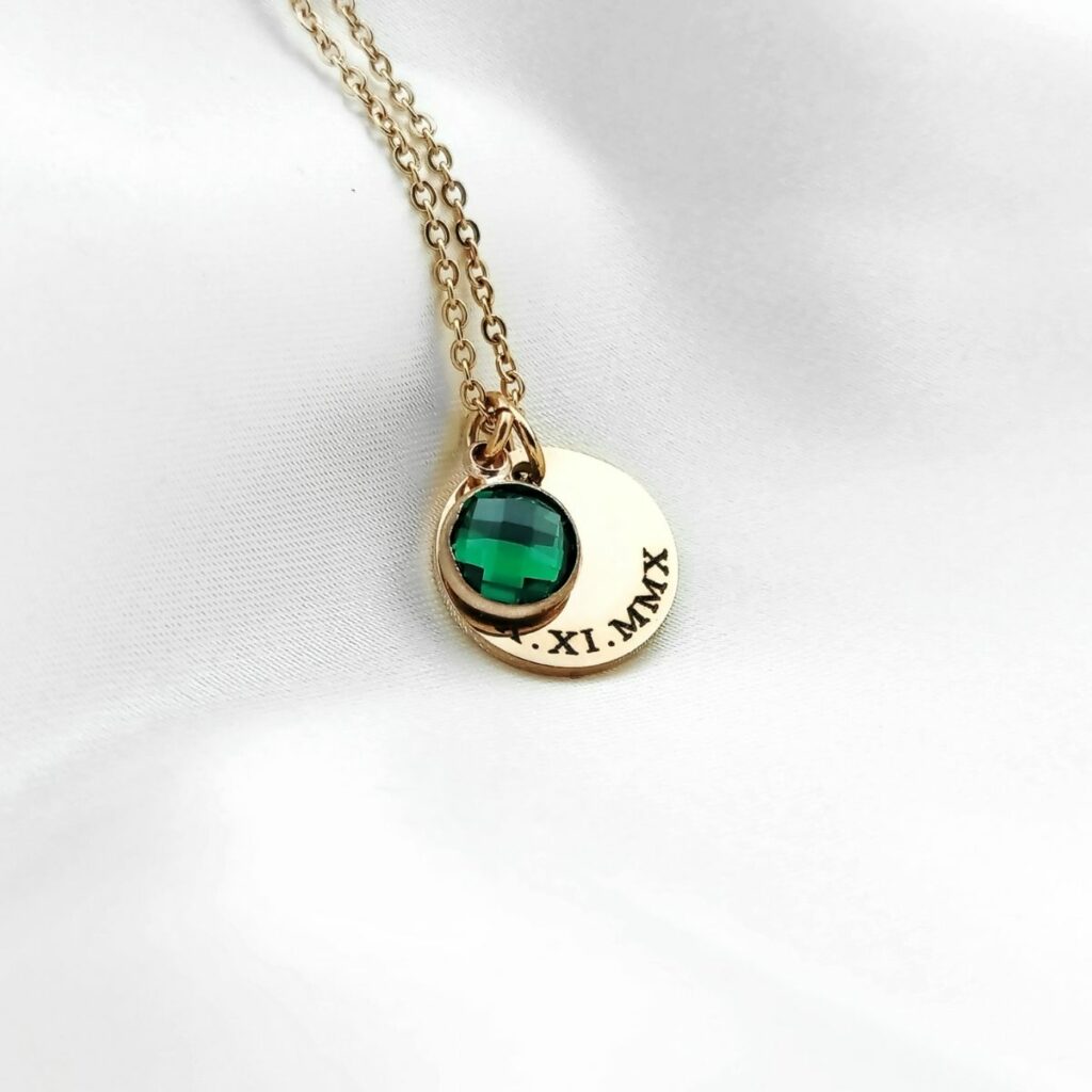 Roman Numerals Disc & Birthstone Necklace - Charm Bear